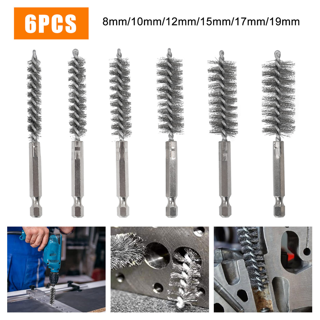 6 X Stainless Steel Wire Brush Drill Attachment Bore Rust Pipe Cleaner ...